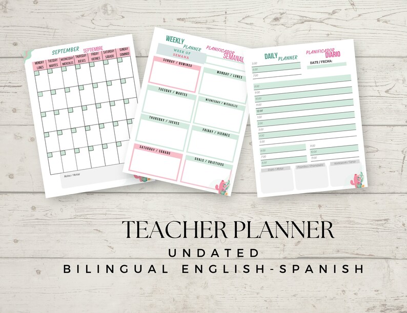 Teacher Planner Pink Cactus Printable Bilingual English Spanish - Etsy