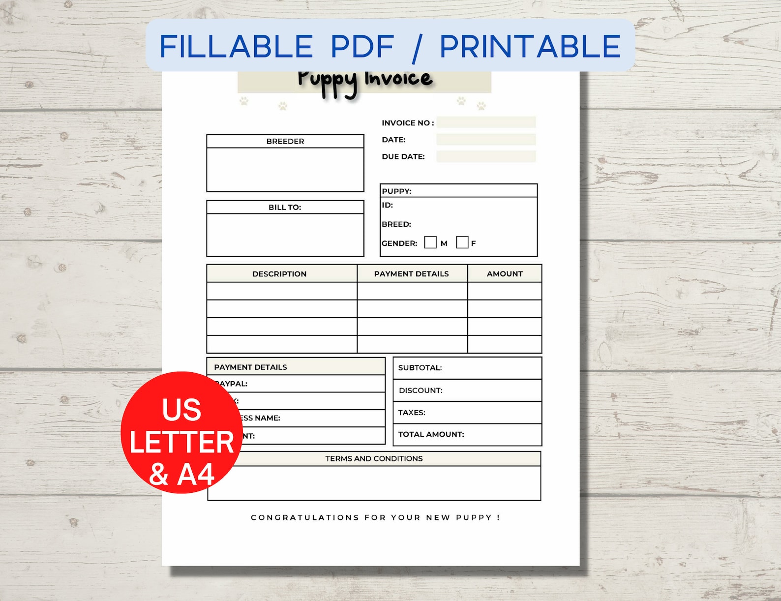 Puppy Invoice and Receipt, Fillable Dog Breeder Forms, Puppy Bill ...