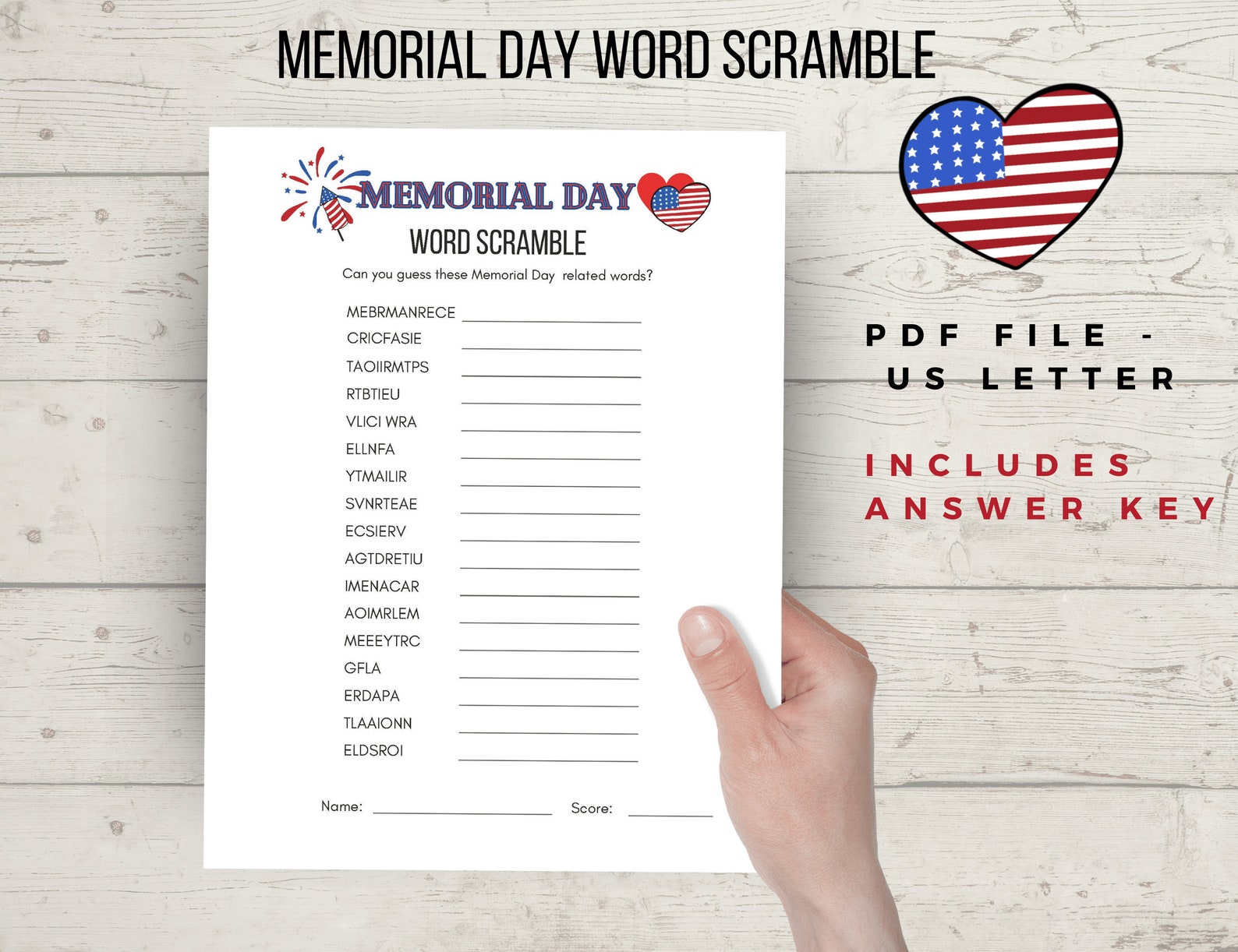 Memorial Day Word Scramble Game Printable Party or School - Etsy
