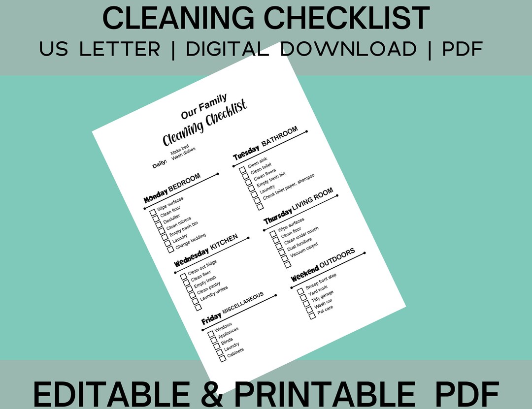 Cleaning Checklist Editable and Printable, Weekly House Cleaning ...