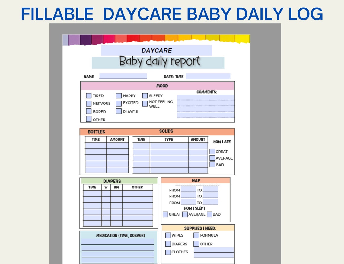 Daycare Baby Daily Report, Fillable Infant Daily Log, Baby Report Sheet ...
