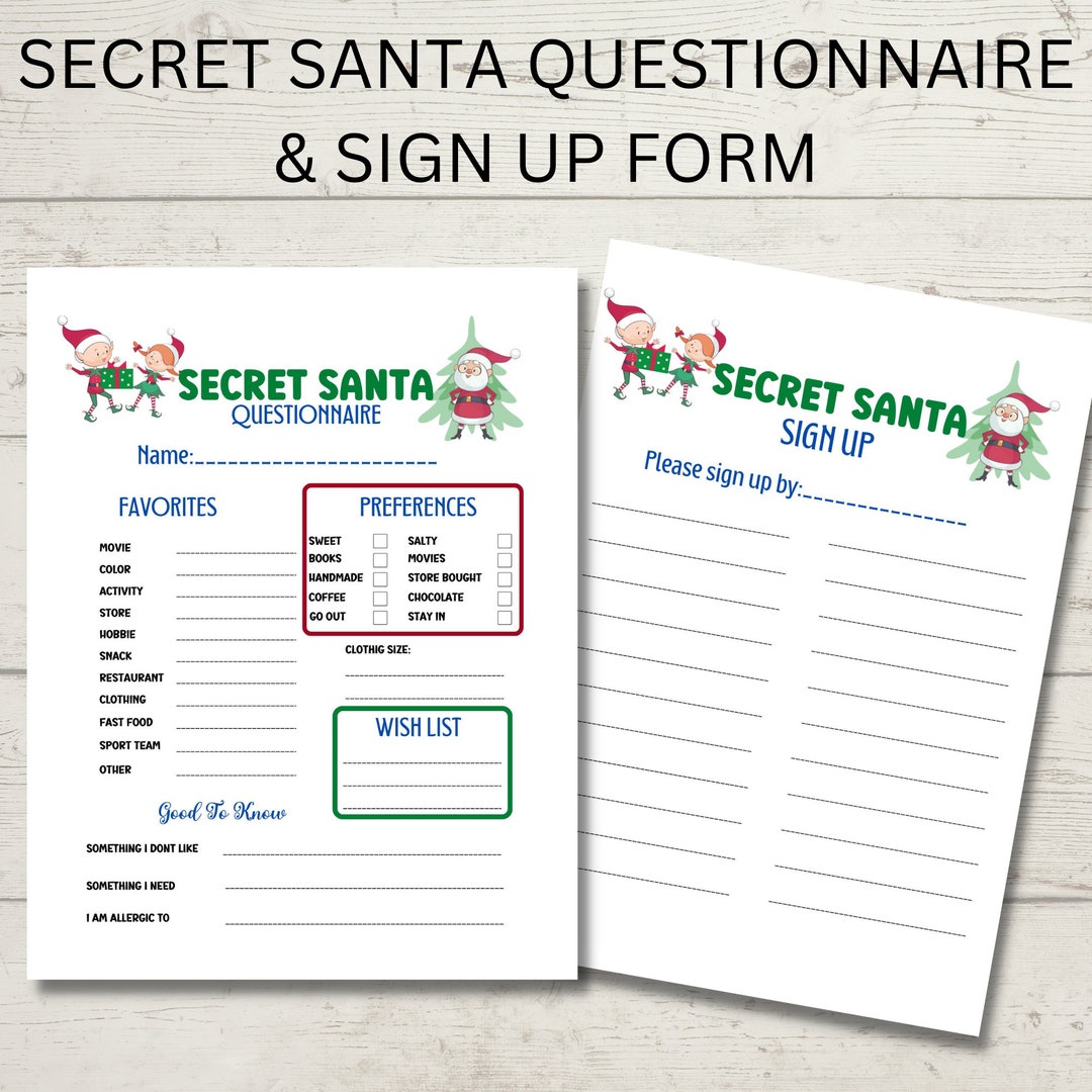 Secret Santa Questionnaire and Sign up Form Printable, Secret Santa ...