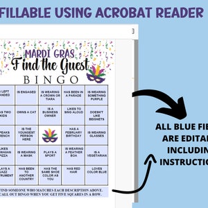 Find the Guest Bingo, Mardi Gras Game Editable Party Game Printable - Etsy