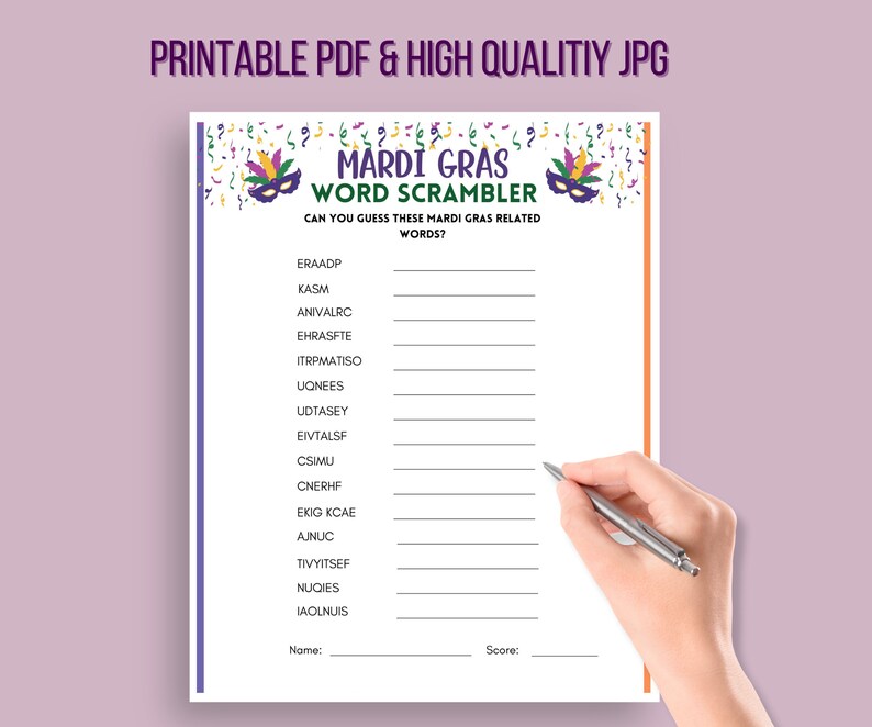 Mardi Gras Word Scramble Printable Game, Mardi Gras Party Game - Etsy