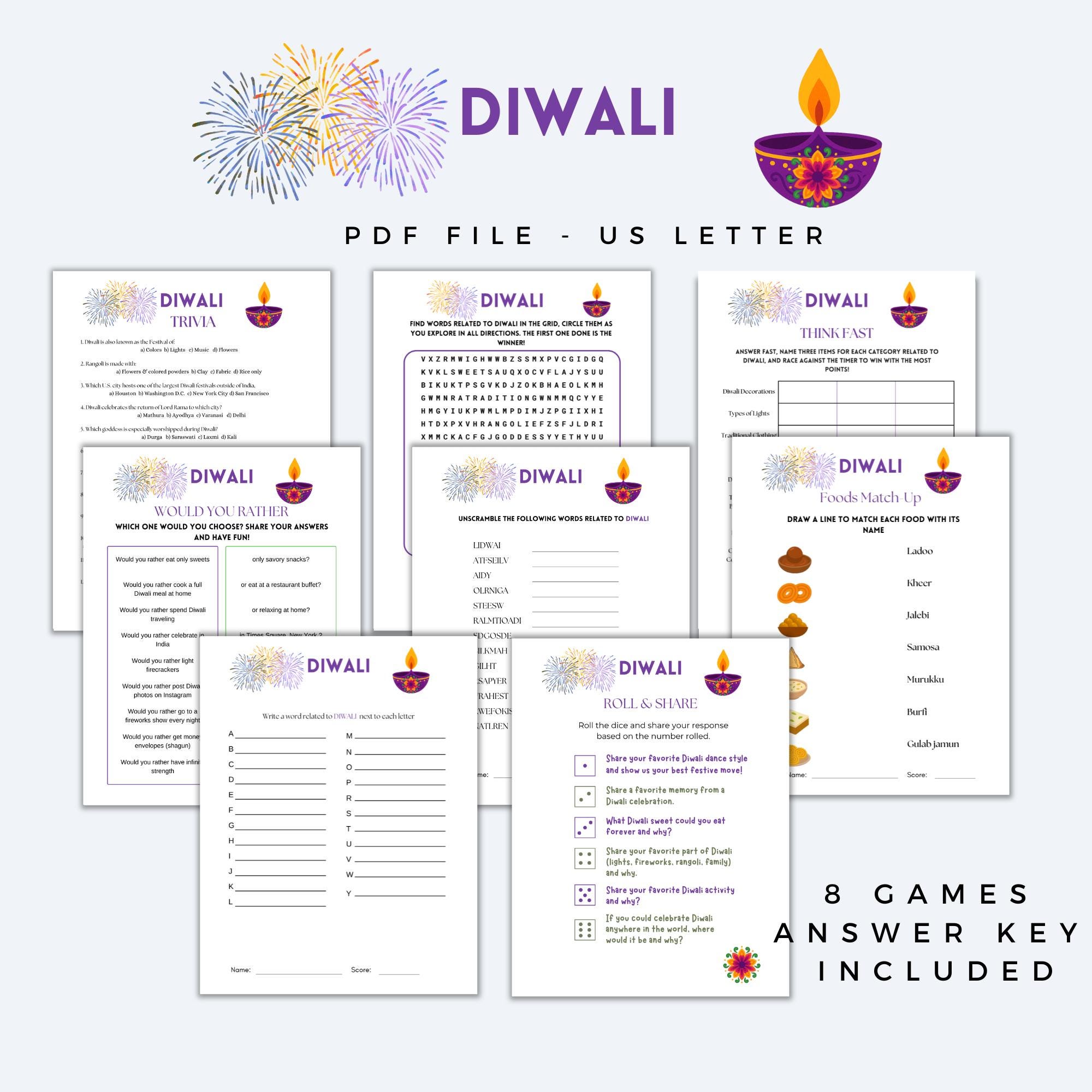 Diwali Games, Diwali Bundle Activity, Diwali Trivia Game, Printable ...