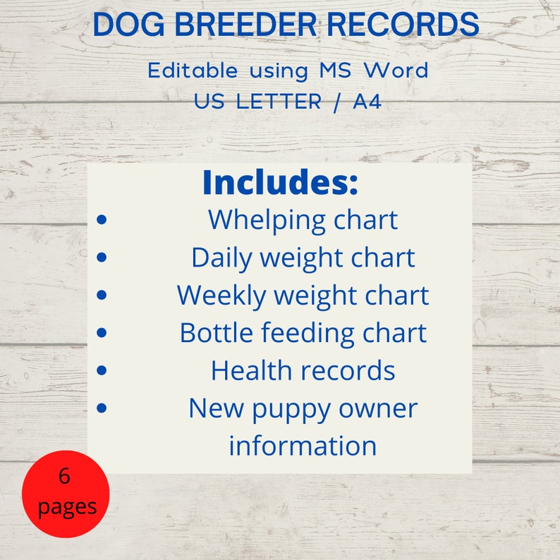 Breeder Forms, Dog Breeder Records, Dog Breeder Charts, Whelping Chart ...