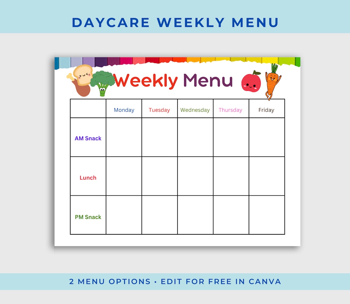 Daycare Weekly Menu Printable, Daycare Meal Menu, Editable Menu ...