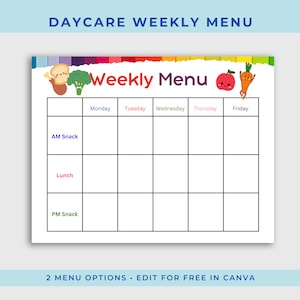 Daycare Weekly Menu Printable, Daycare Meal Menu, Editable Menu ...