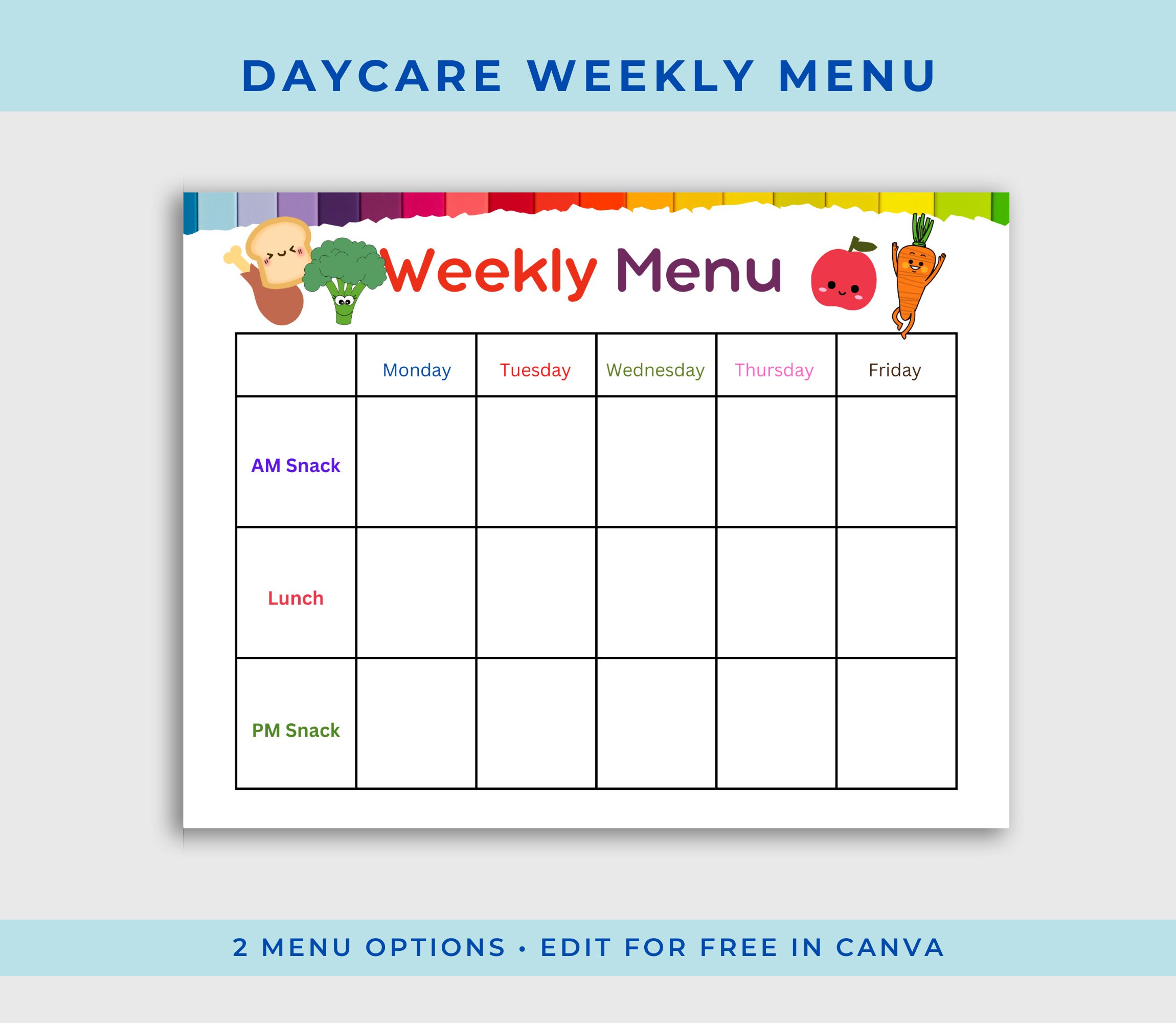 Daycare Weekly Menu Printable, Daycare Meal Menu, Editable Menu ...