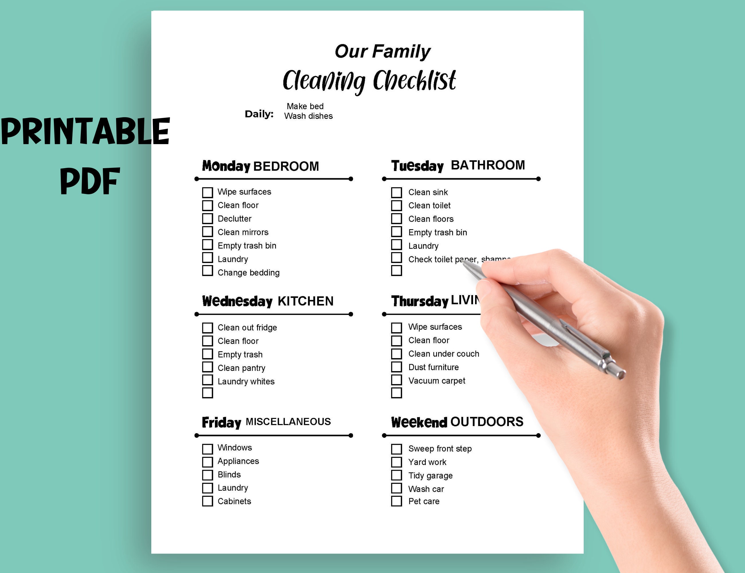 Cleaning Checklist Editable and Printable, Weekly House Cleaning ...