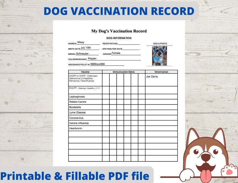 Puppy Vaccination Record, Dog Health Record, Dog Shot Record, Pet ...