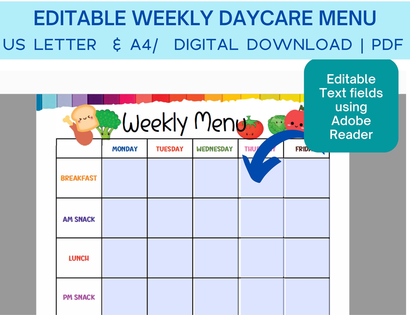 Daycare Weekly Menu Printable, Daycare Meal Menu, Editable Menu ...