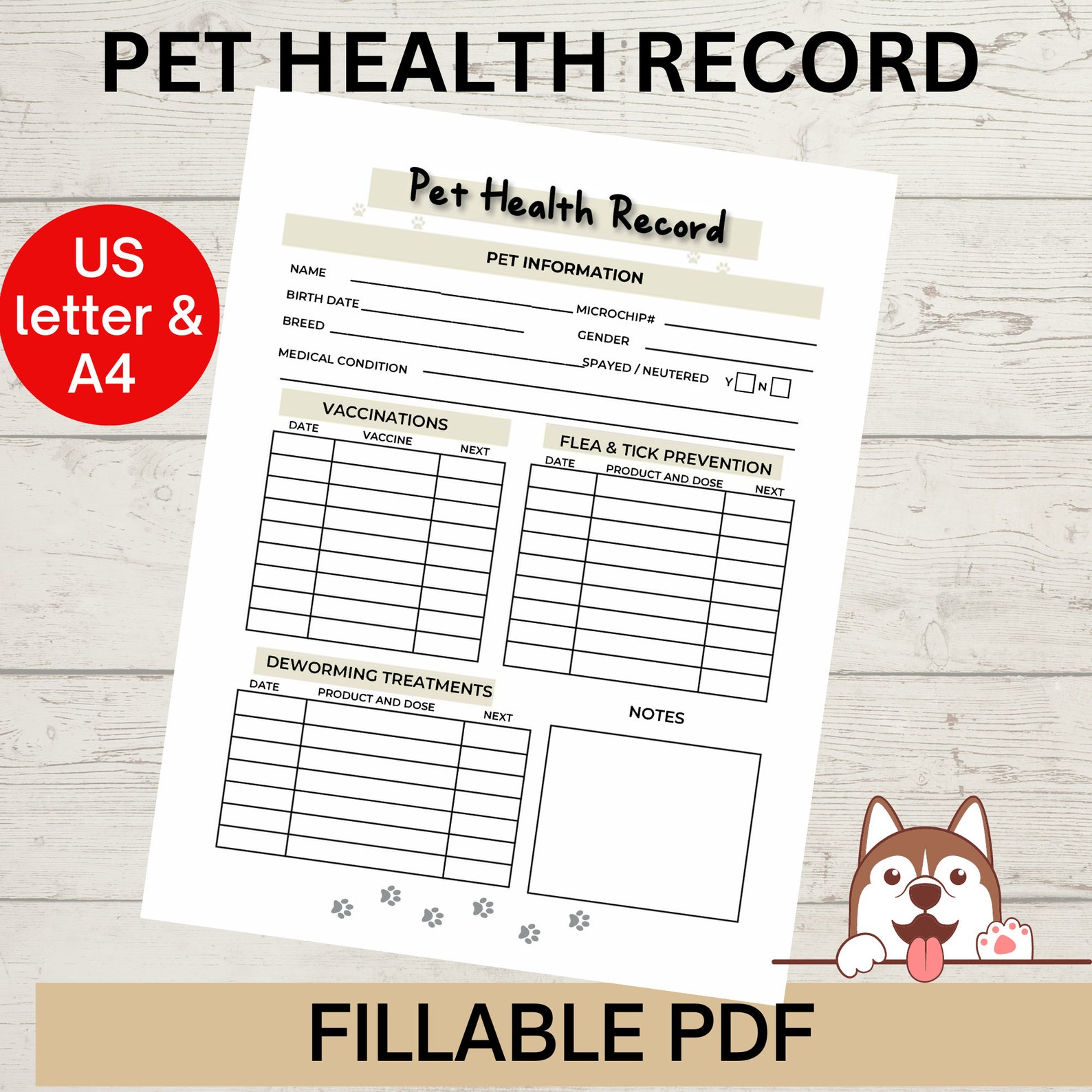 Pet Health Record Printable for New Puppy, Dog or Cat, Pet Health ...