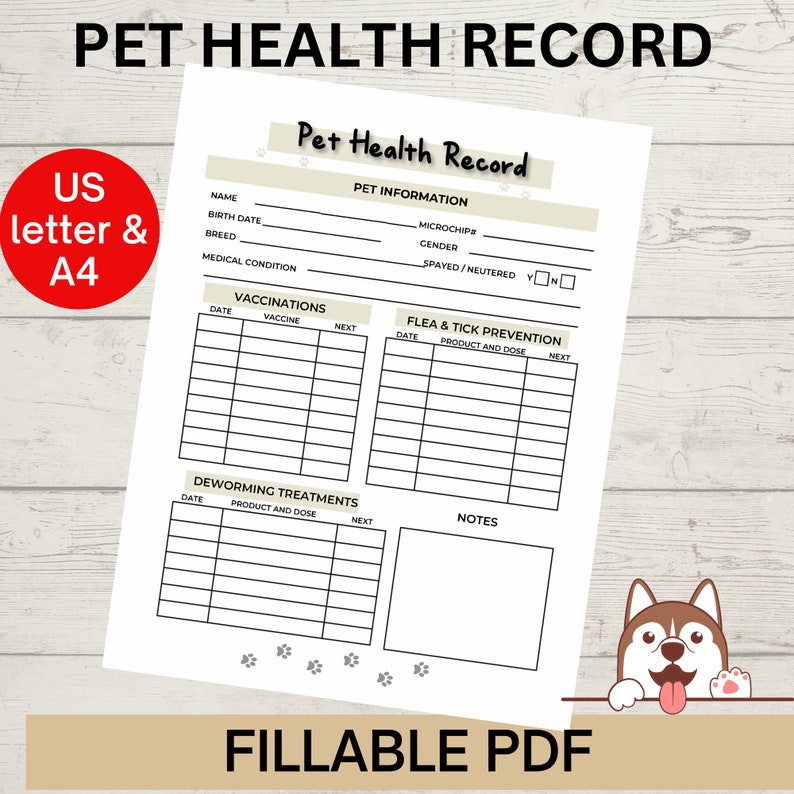 Pet Health Record Printable for New Puppy, Dog or Cat, Pet Health ...