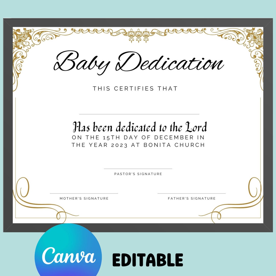 Baby Dedication Certificate Canva Template, Editable Dedication Certificate for Baby Baptism ...