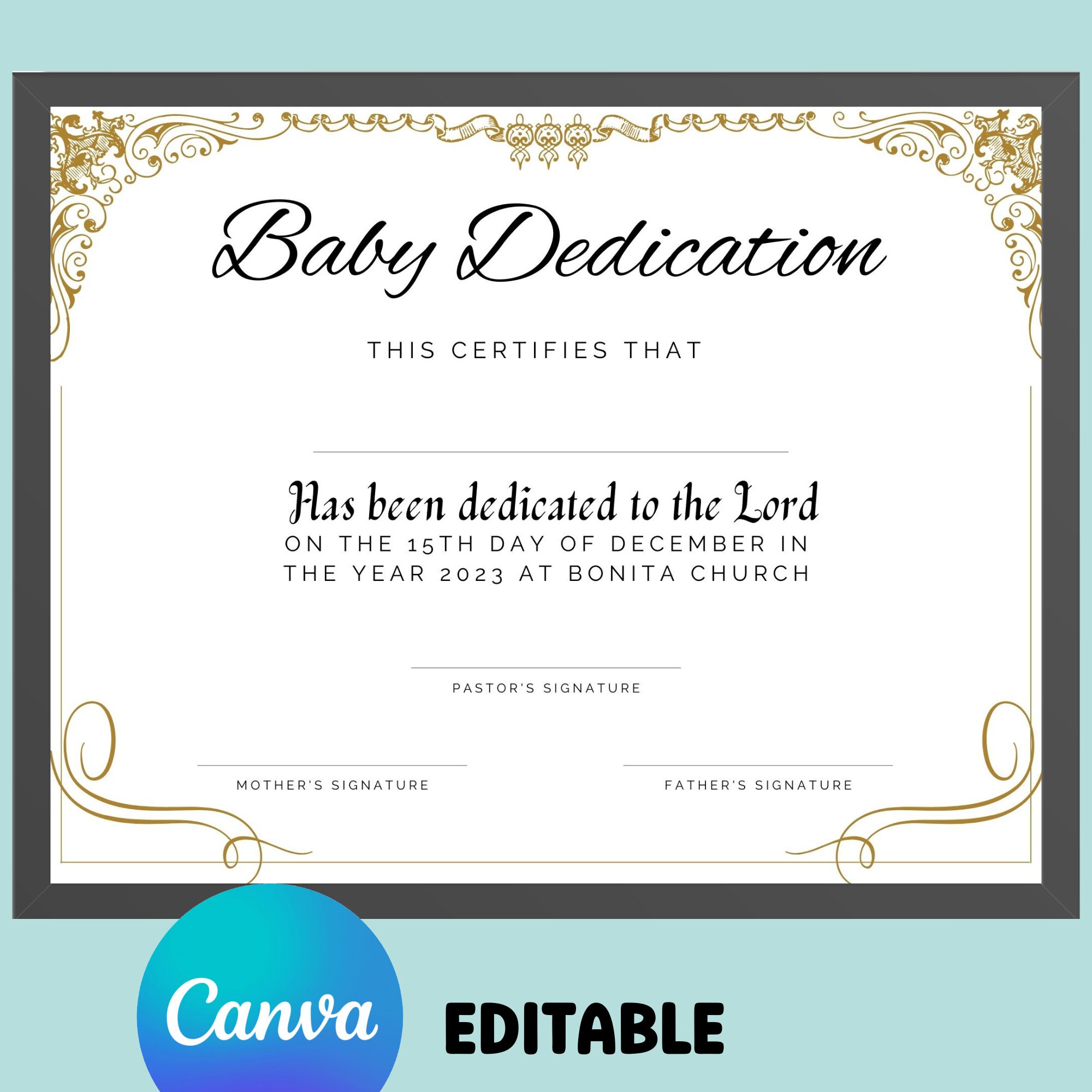 Baby Dedication Certificate Canva Template, Editable Dedication Certificate for Baby Baptism ...