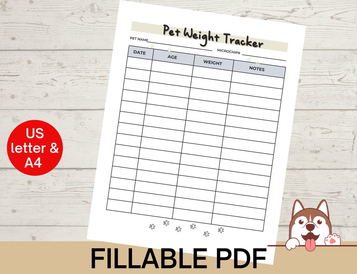 Puppy Weight Chart, Pet Weight Chart for Dog or Cat Editable, Printable ...