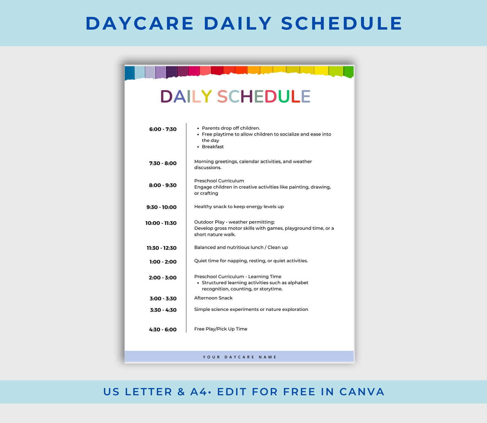 Daycare Daily Schedule Printable, Daycare Forms, Daycare Hourly ...