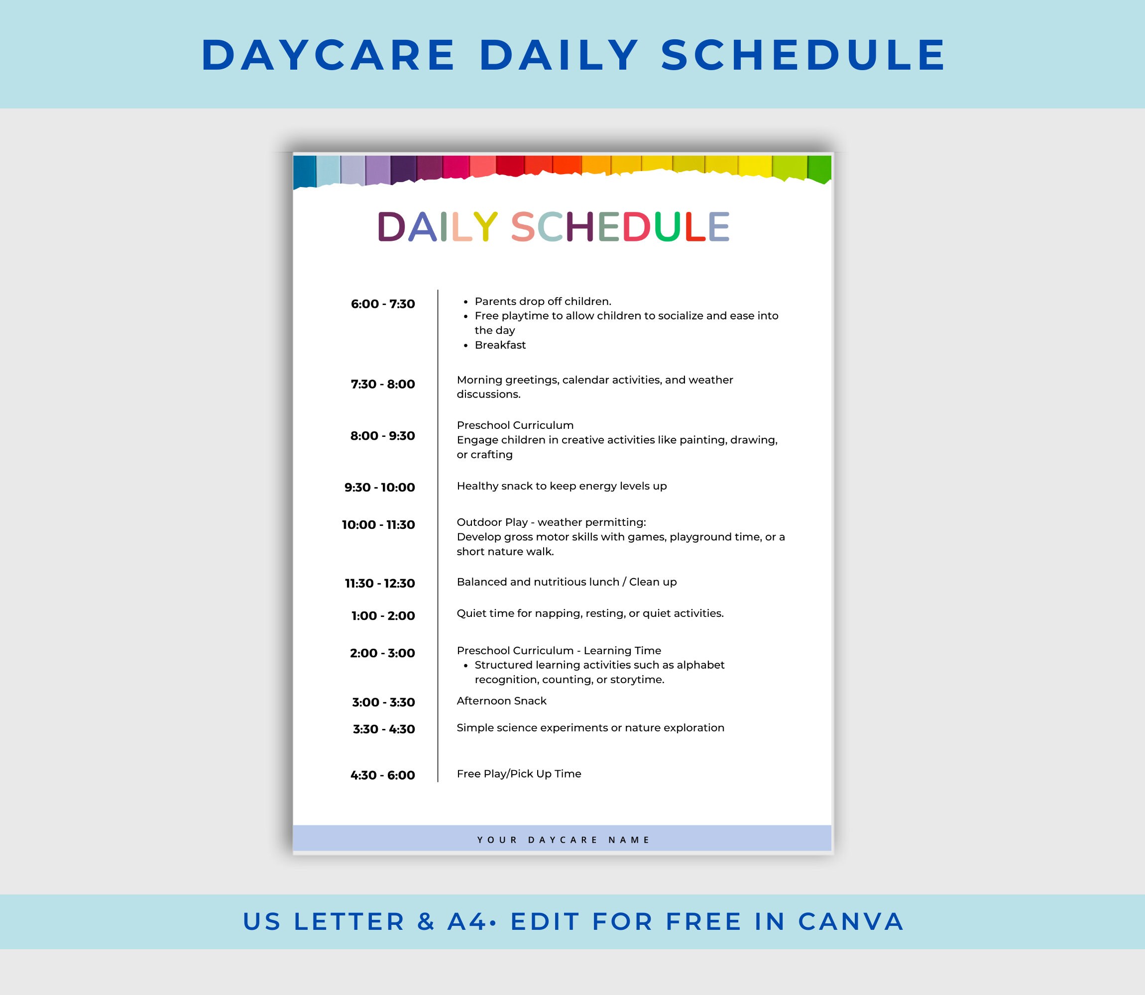 Daycare Daily Schedule Printable, Daycare Forms, Daycare Hourly ...