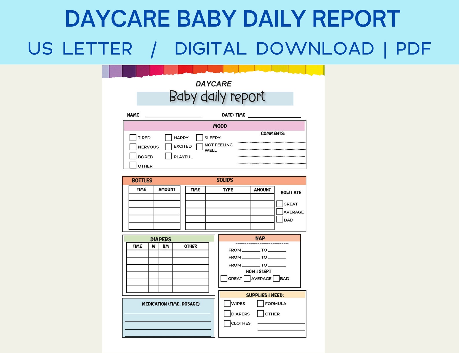 Daycare Baby Daily Report, Fillable Infant Daily Log, Baby Report Sheet ...