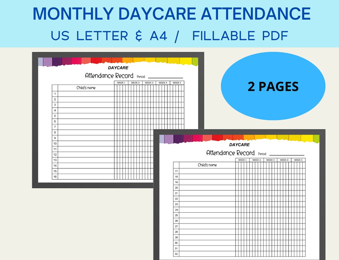 Daycare Monthly Attendance Sheet, Attendance Tracker Editable for ...