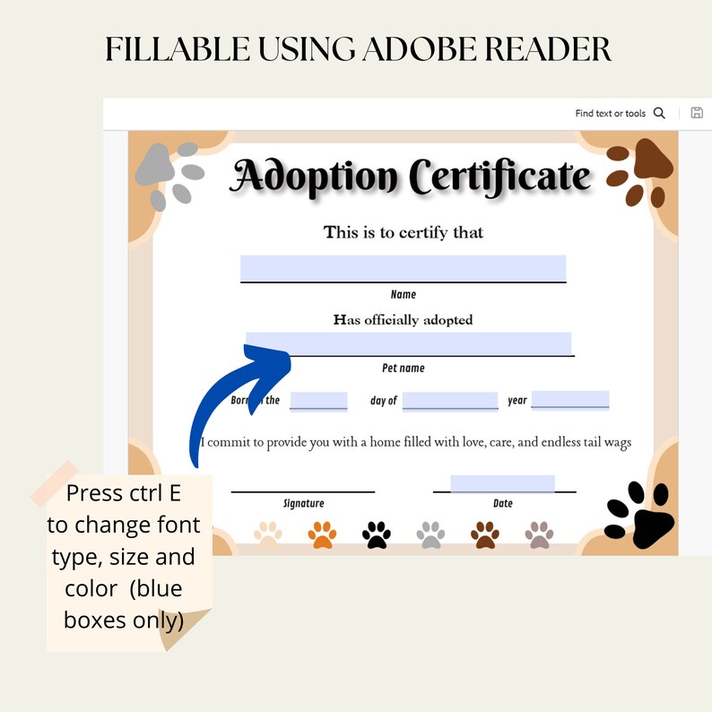 Pet Adoption Certificate Editable, Puppy Adoption Party, Dog Adoption ...