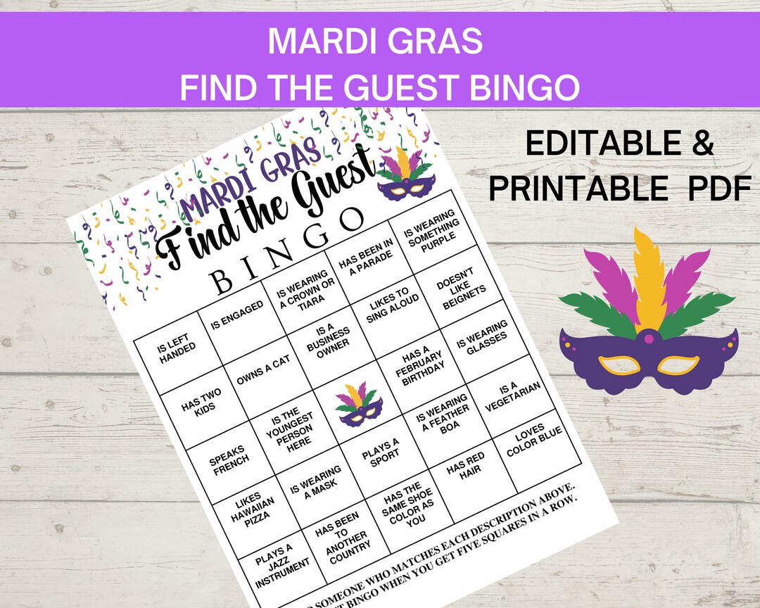 Find the Guest Bingo, Mardi Gras Game Editable Party Game Printable - Etsy