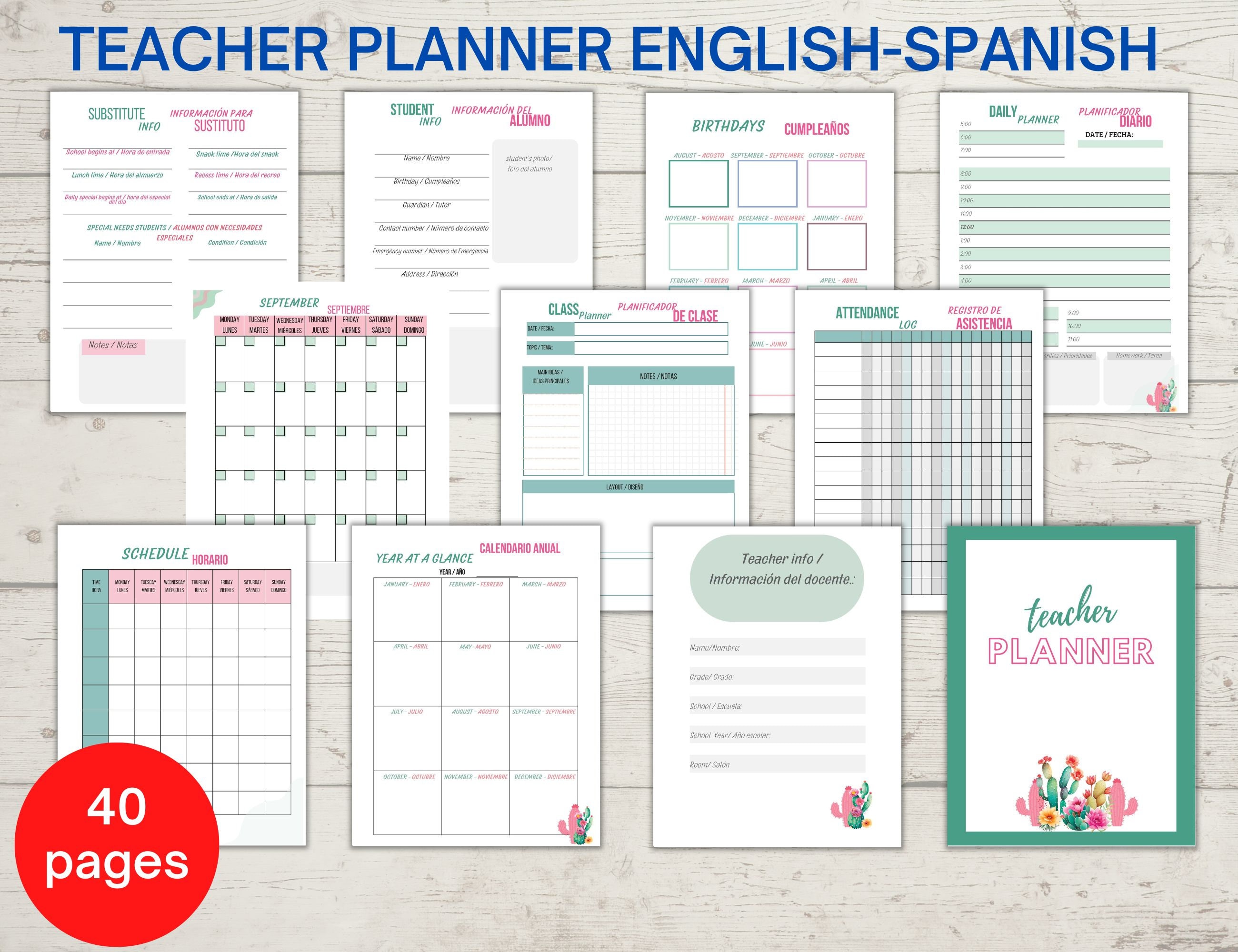 Teacher Planner Pink Cactus Printable Bilingual English Spanish - Etsy