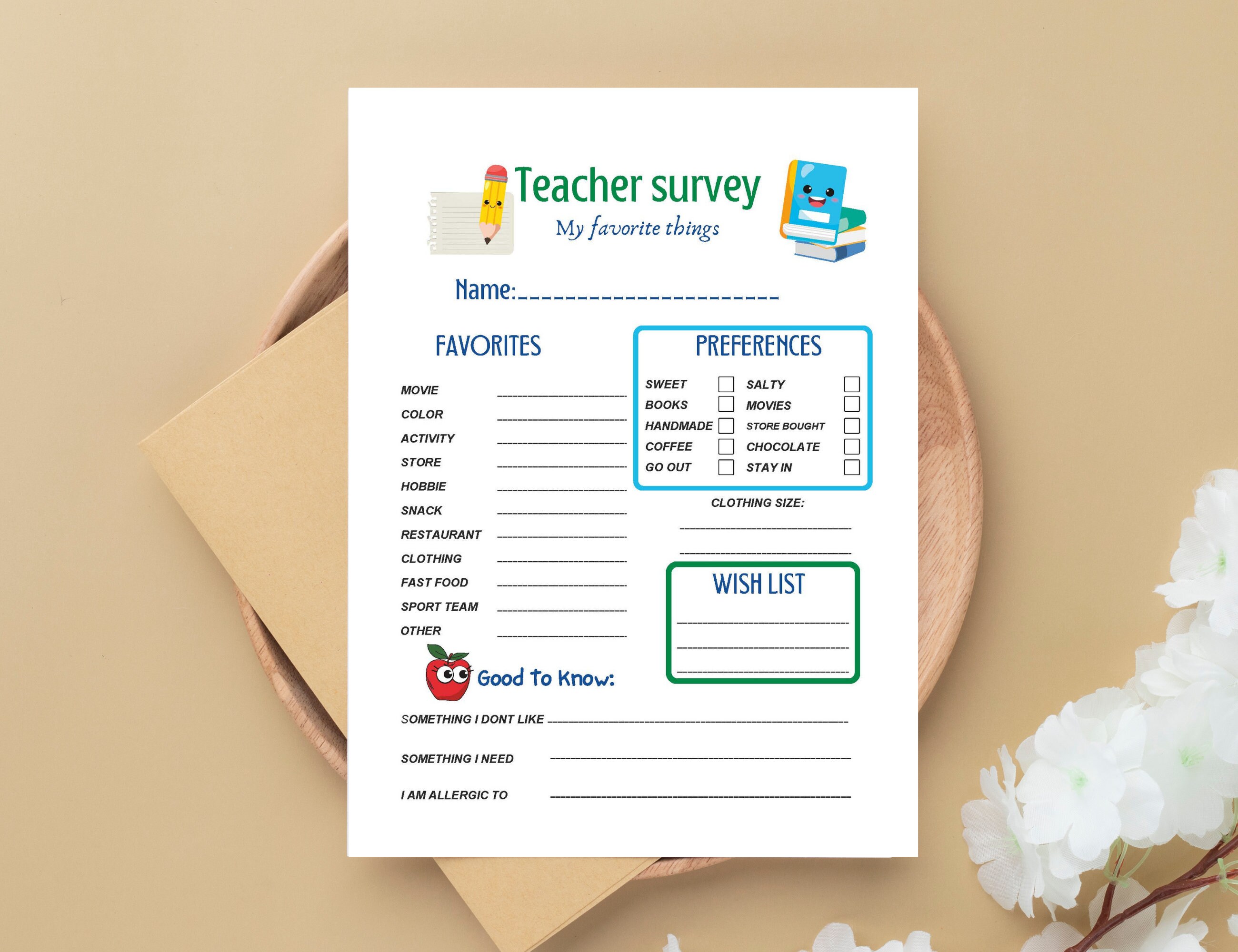 Teacher Survey Favorite Things Editable, Teacher Questionnaire to Get ...