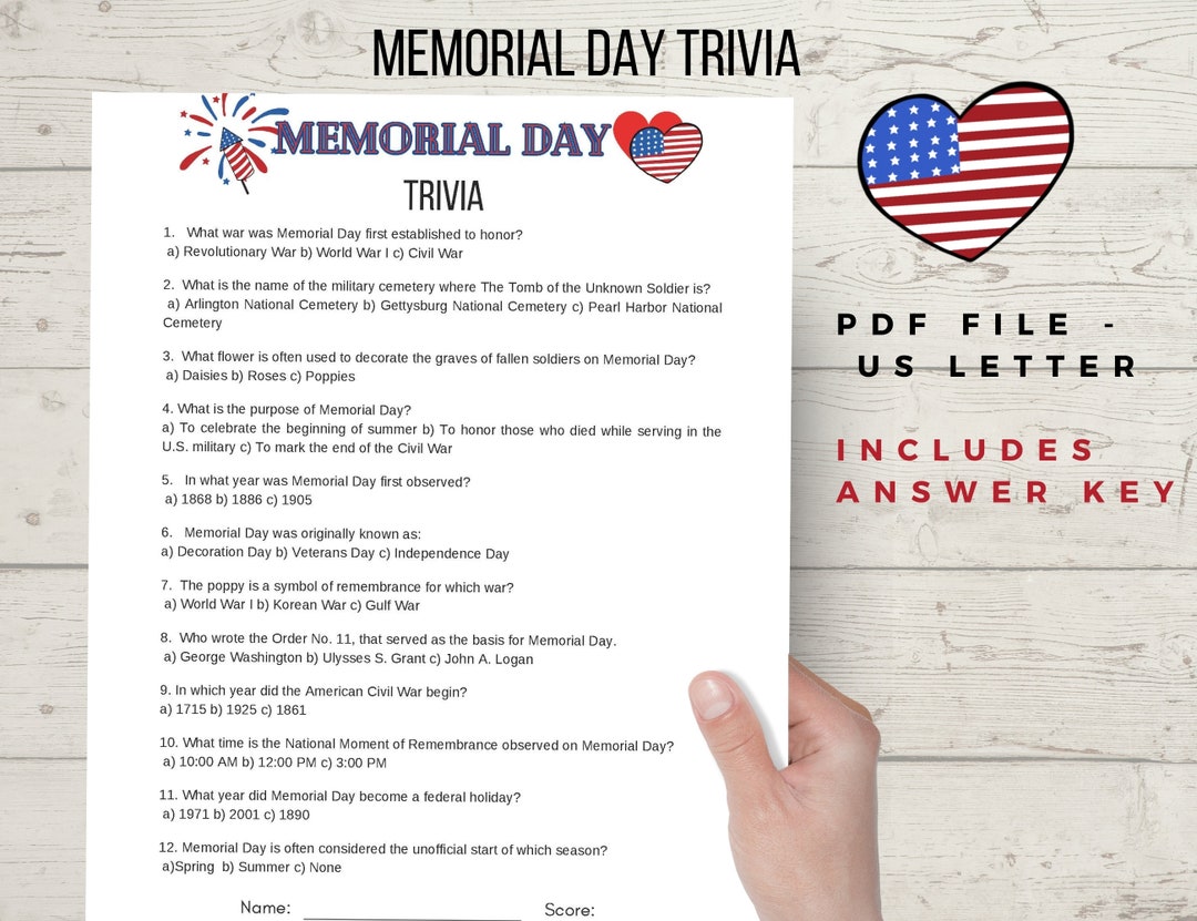 Memorial Day Trivia Printable Game, Party or School Memorial Day ...