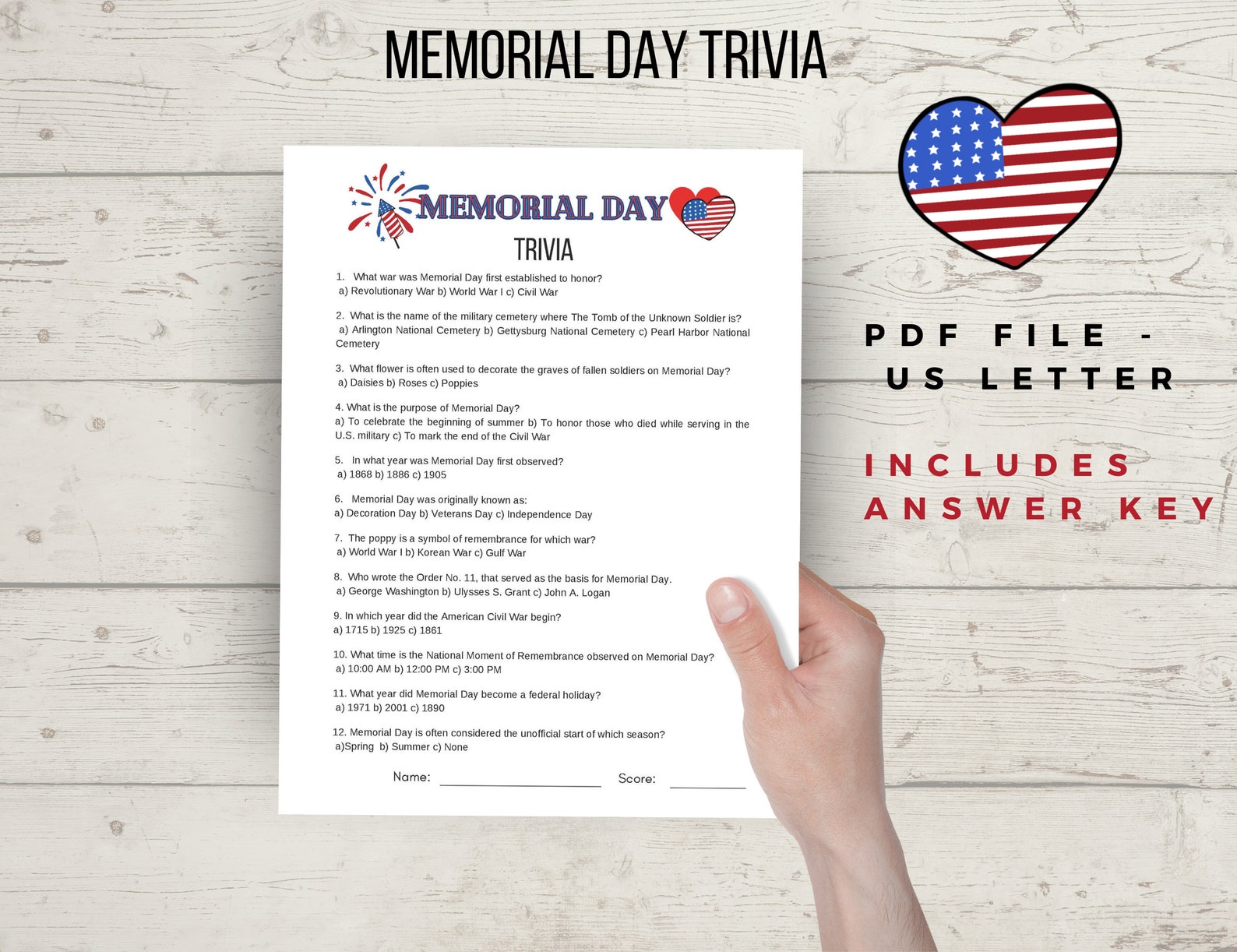Memorial Day Trivia Printable Game, Party or School Memorial Day ...