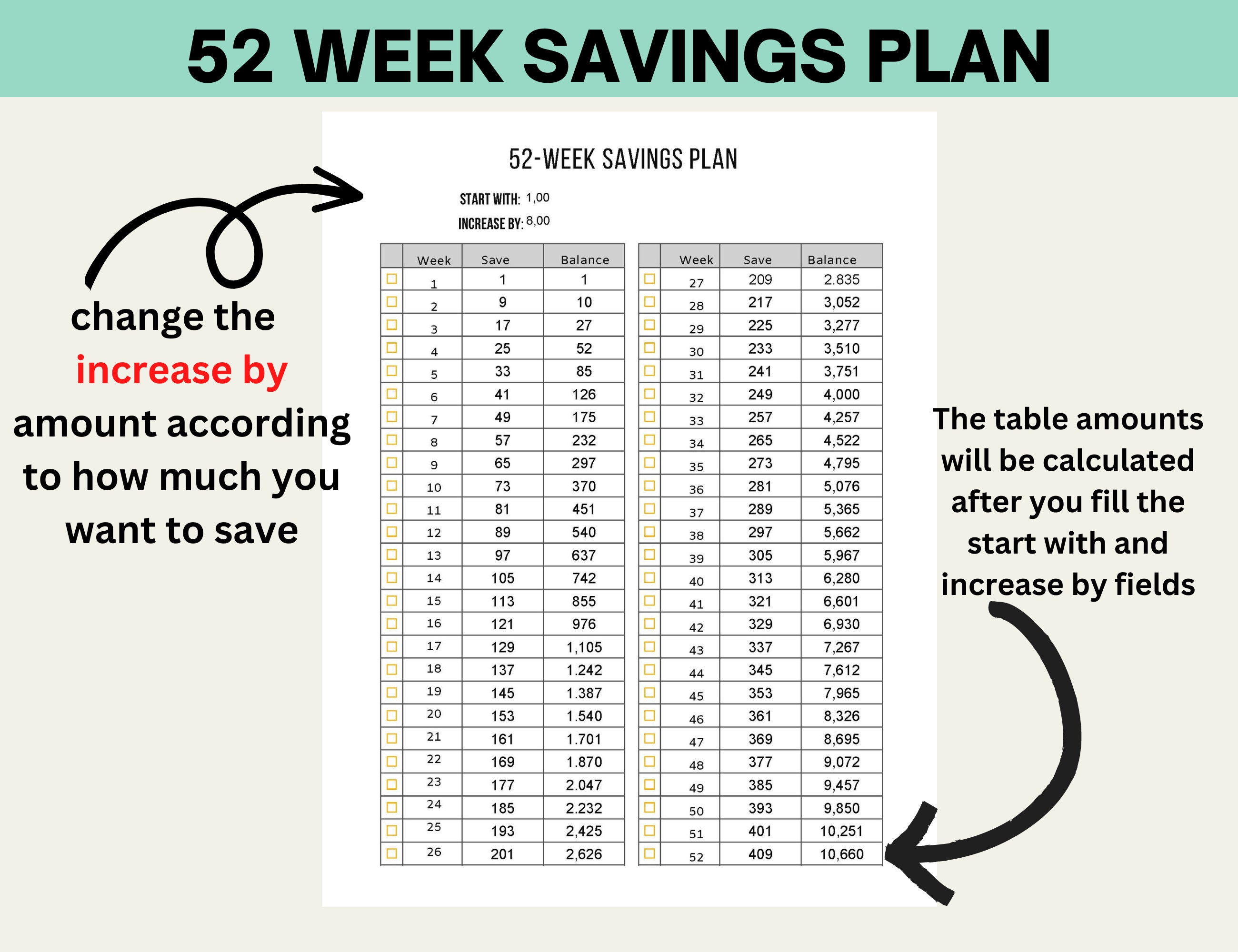 52 Week Savings Challenge, 52 Week Savings Plan Fillable, Printable - Etsy