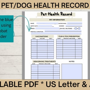 Pet Health Record Printable for New Puppy, Dog or Cat, Pet Health ...