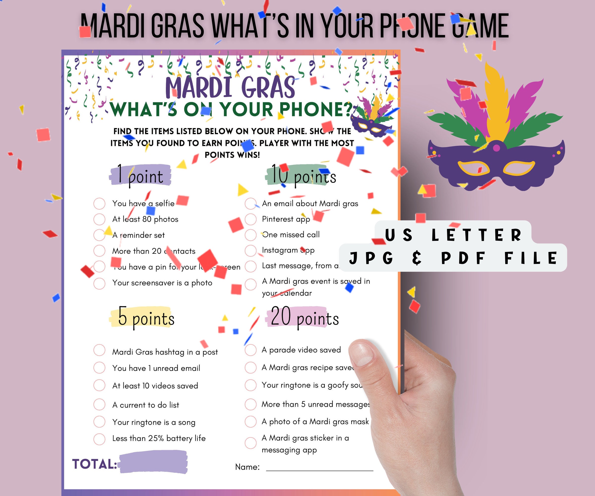 Mardi Gras What's on Your Phone Printable Game, Mardi Gras Party Game ...