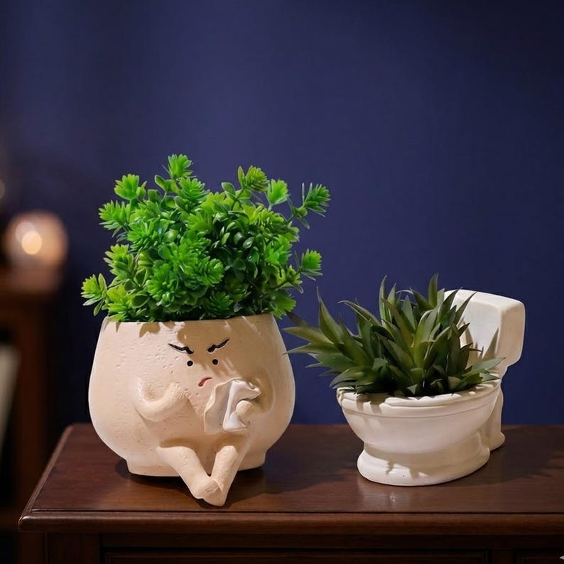 Face Planter Pot, Double Flower Planter in One, Resin Head Planter With ...