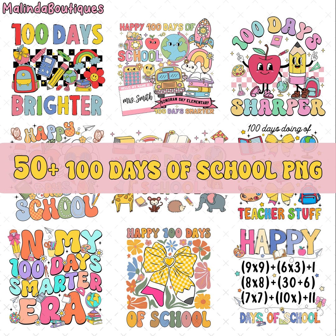 50 100 Days of School Png Bundle, Retro Groovy Teacher Png, 100 Days ...