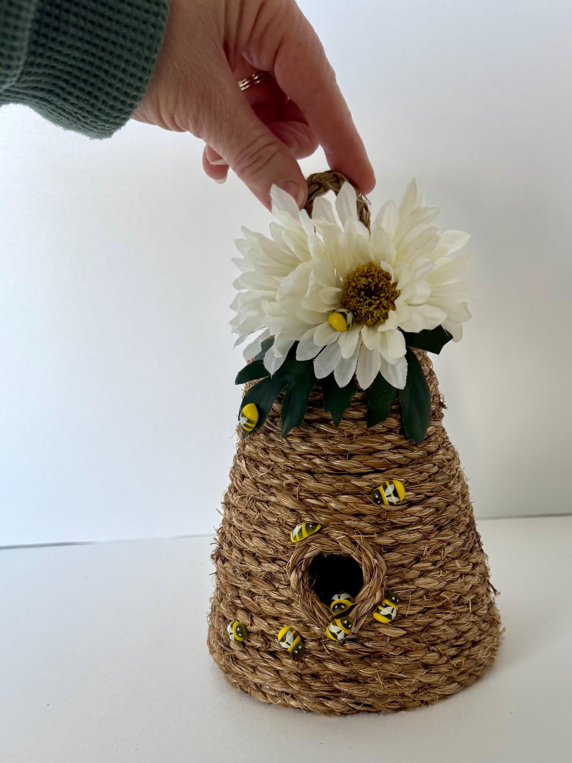 Bee Skep Decoration, Faux Bees and Flowers, Manila Hemp Rope, 8.25 ...