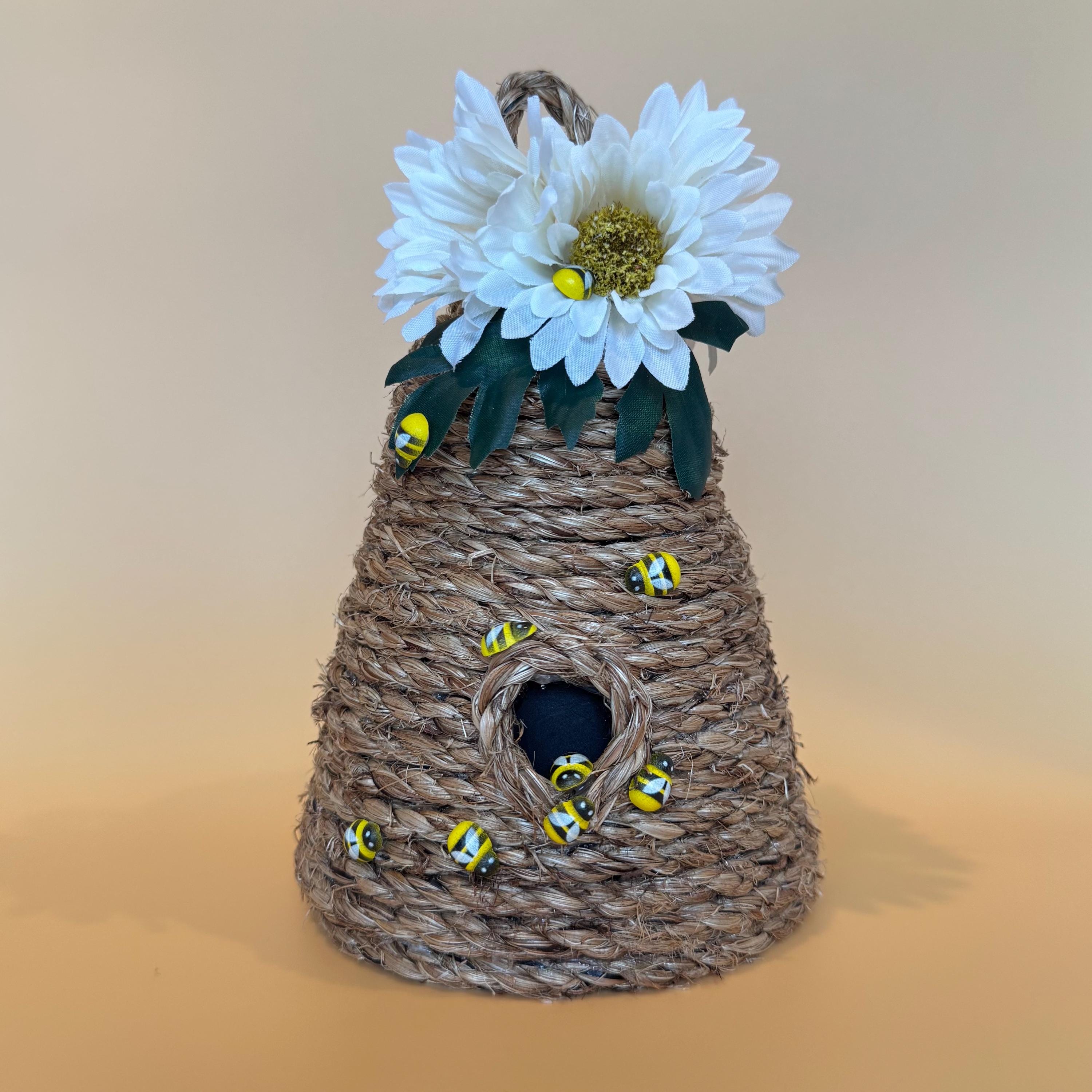 Bee Skep Decoration, Faux Bees and Flowers, Manila Hemp Rope, 8.25 ...