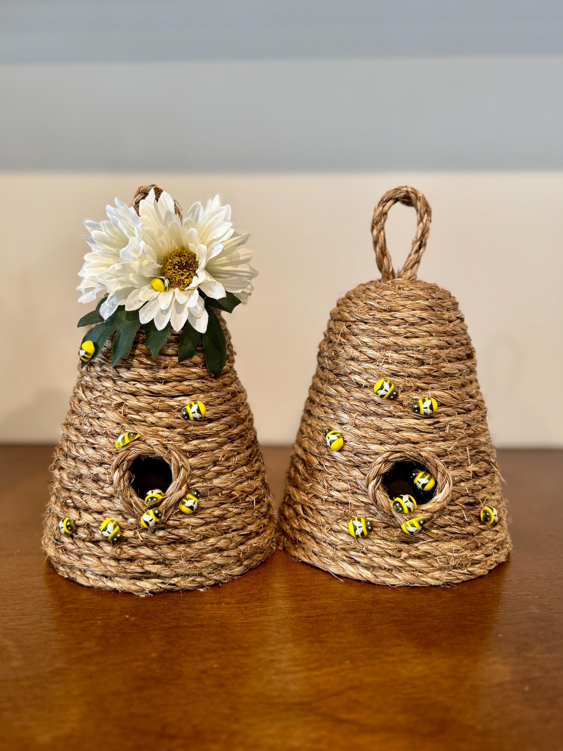 Bee Skep Decoration, Faux Bees and Flowers, Manila Hemp Rope, 8.25 ...