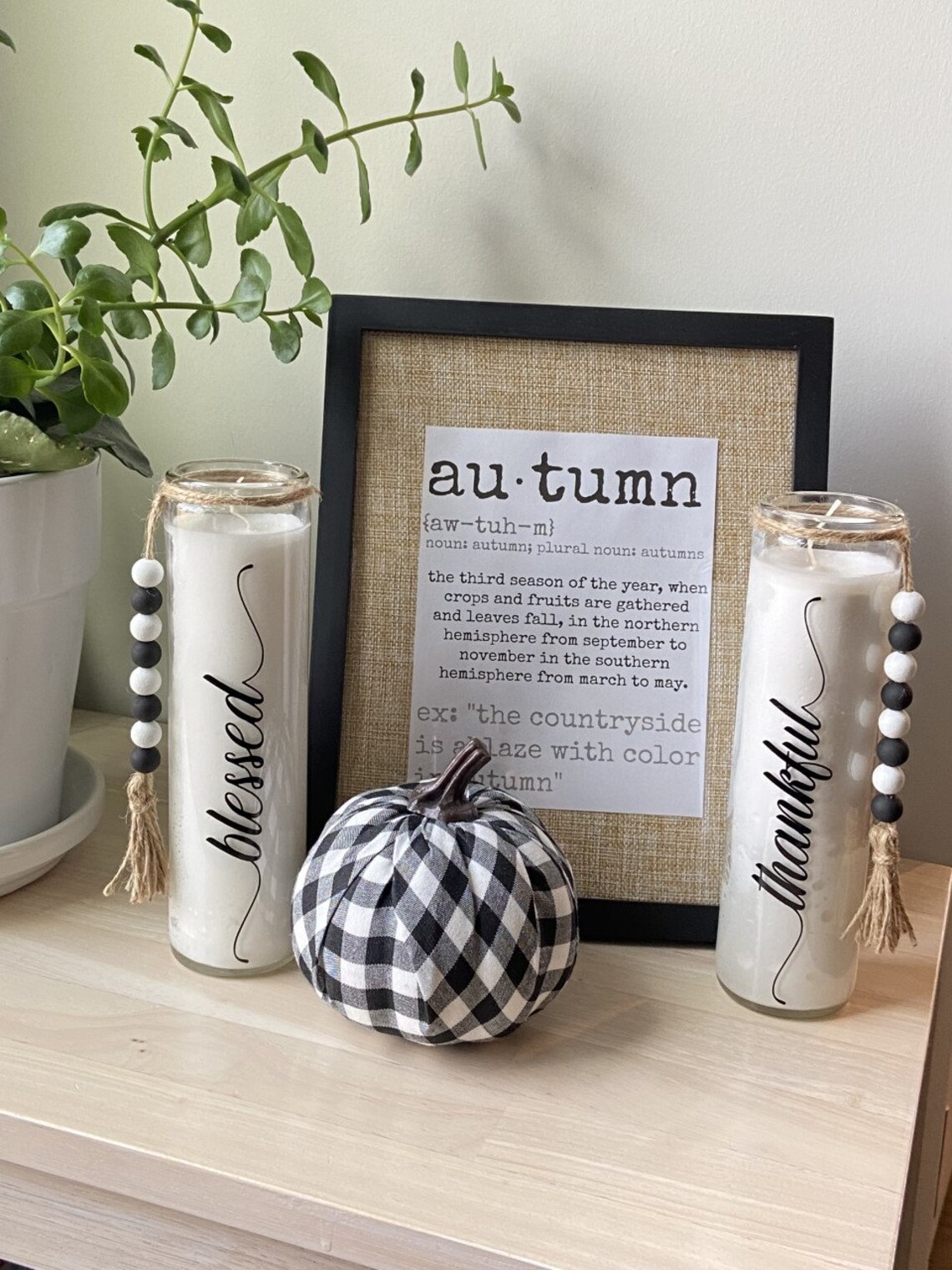 Glass Pillar Candle Set of 2 for Fall, Blessed, Thankful, Beaded ...