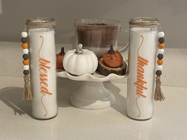 Glass Pillar Candle Set of 2 for Fall, Blessed, Thankful, Beaded ...