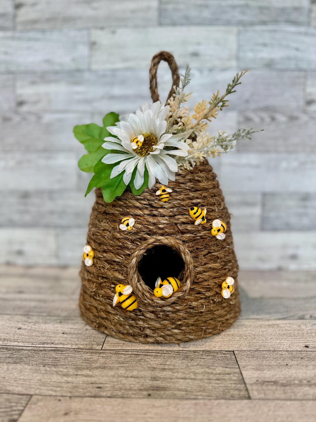 Bee Skep Decoration, Faux Bees and Flowers, Manila Hemp Rope, 10.5 ...