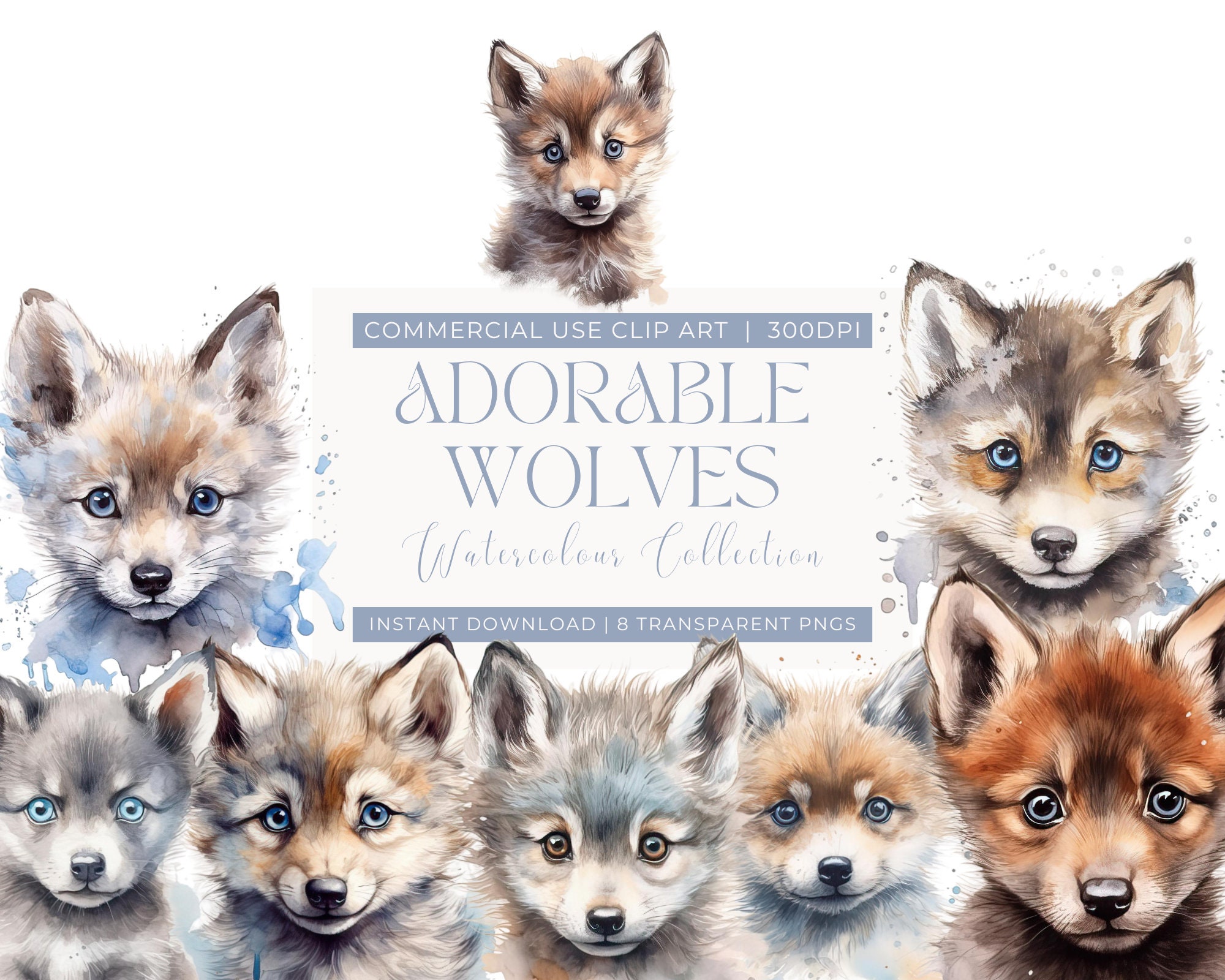 Adorable Wolf Watercolor Clipart Pack, Wolf Cubs, Baby Wolves Clipart ...
