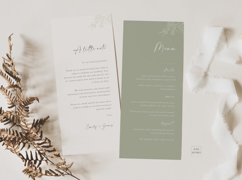 Wedding Menu Sage Green Place Card Set Template Greenery Menu With ...
