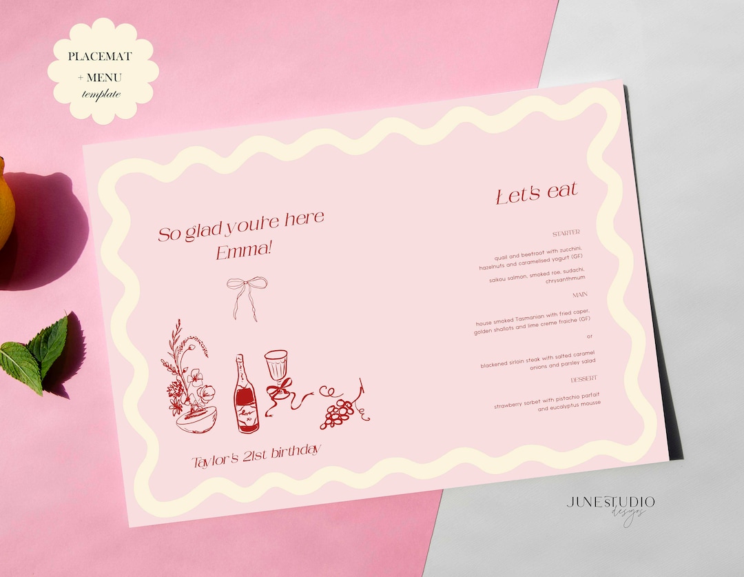 Hand Drawn Placemat + Menu + Place Card Template Scalloped Menu Hen ...