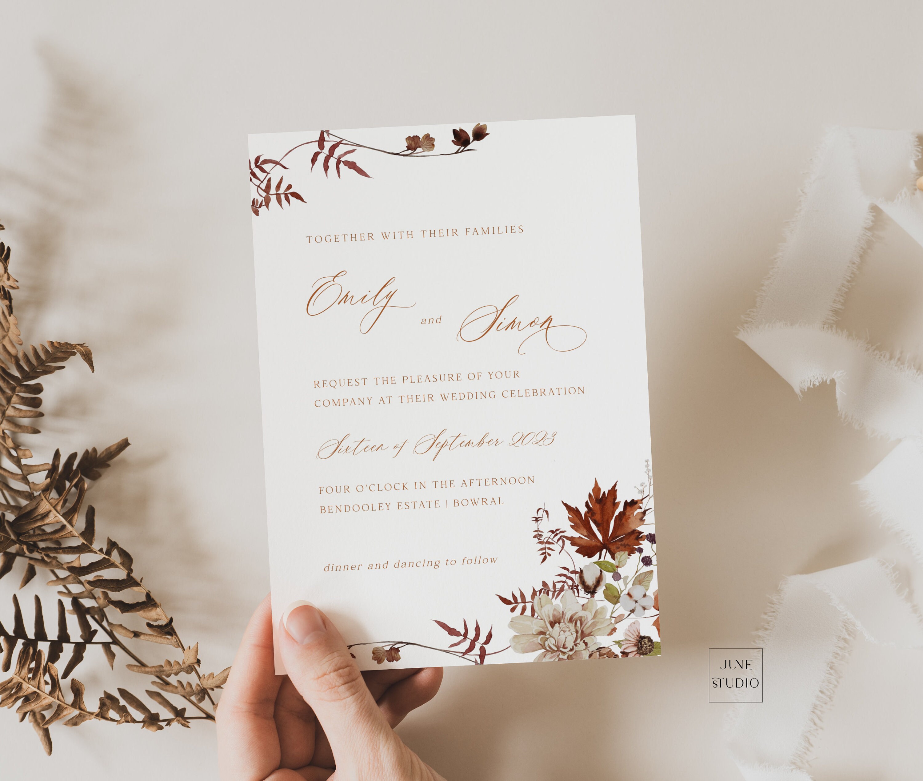 Rustic Boho Wedding Invitation Set Template Simple Floral Invitation ...