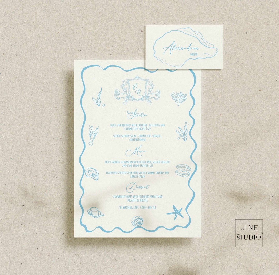 Hand-drawn Wavy Wedding Menu & Oyster Place Card Template: Ocean Sea ...