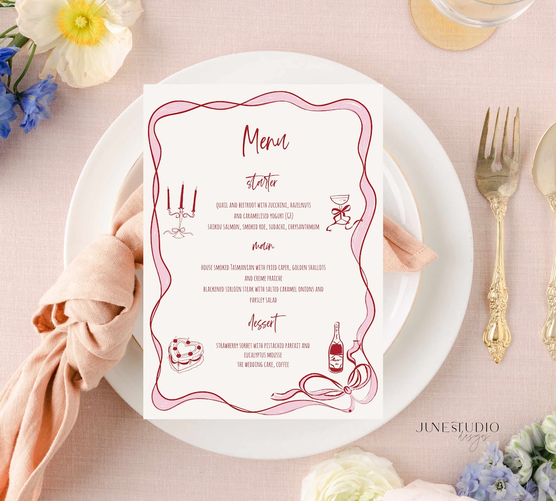 Pink Red Bow Menu Card Template Hens Party Whimsical Hand Drawn Hand ...