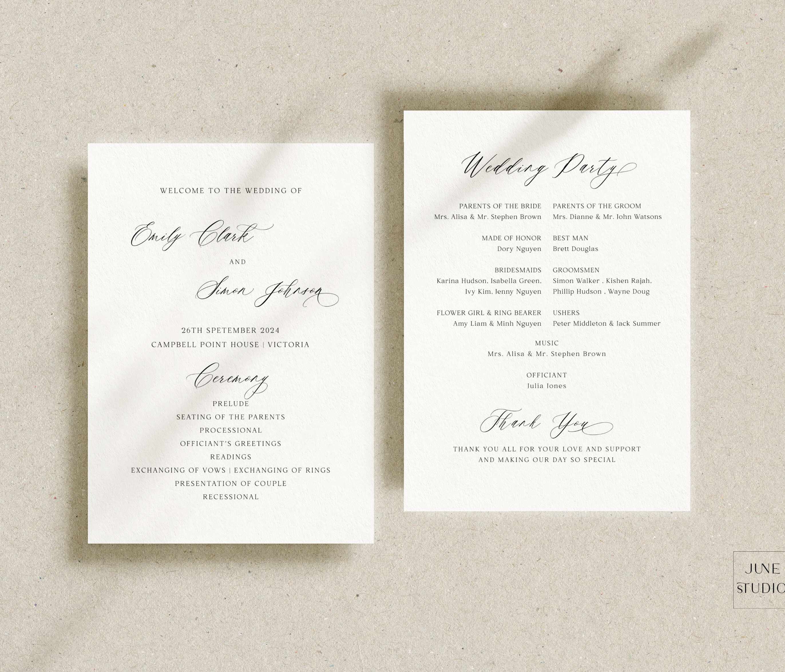 Modern Wedding Program Fan Template Elegant Calligraphy Program Fan ...