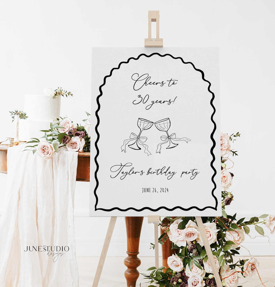 Cheers to 30 Years Welcome Sign Template Wavy Arch Champagne Bow Hand ...